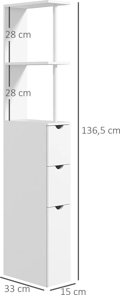 HOMCOM Koupelnová Sloupcová Skříň, Koupelnová Skříň s Šuplíky, Otevřené Police, Skříňka, 15 x 33 x 136,5 cm, Bílá
