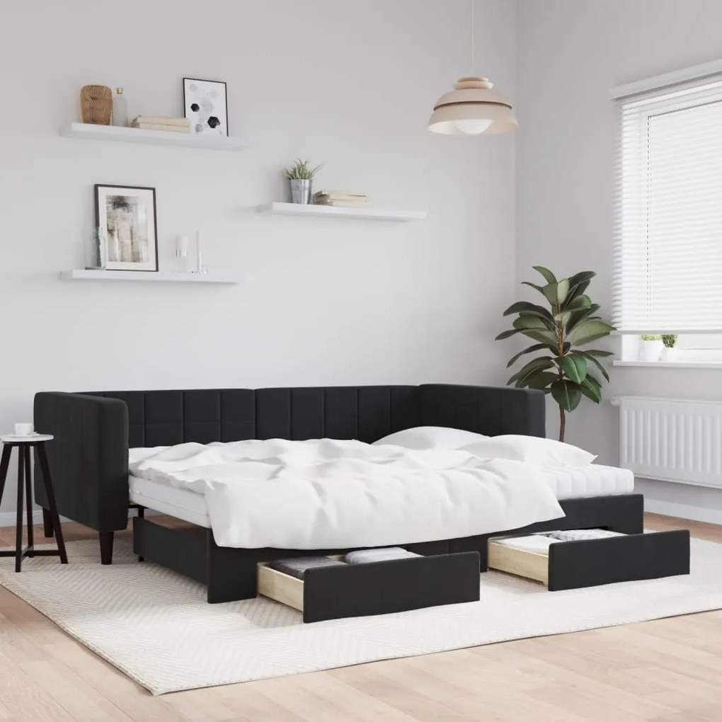 Válenda s přistýlkou a zásuvkami černá 90 x 200 cm samet 3196767