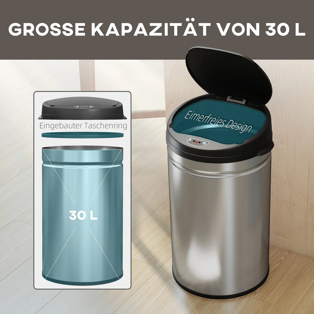 HOMCOM senzorový odpadkový koš o objemu 30 litrů s funkcí jemného zavírání, bezdotykový odpadkový koš z nerezové oceli pro hygienické kuchyně 851-048…