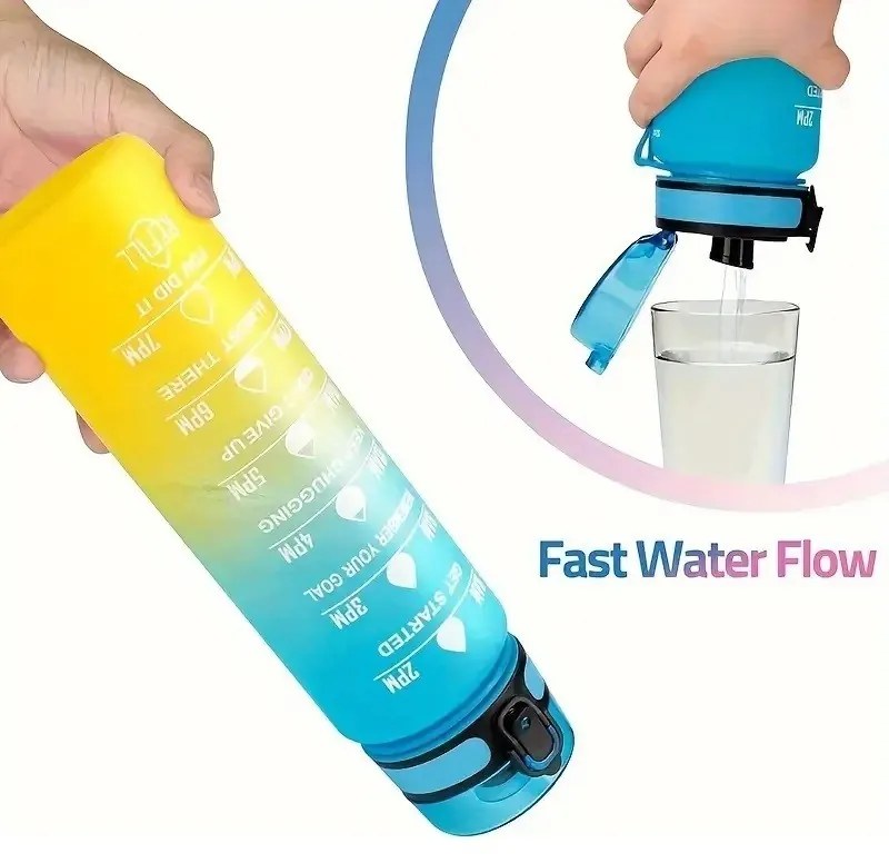 Flamenco Mystique Láhev na vodu 1L OMBRE Turquoise a Yellow s odměrkou