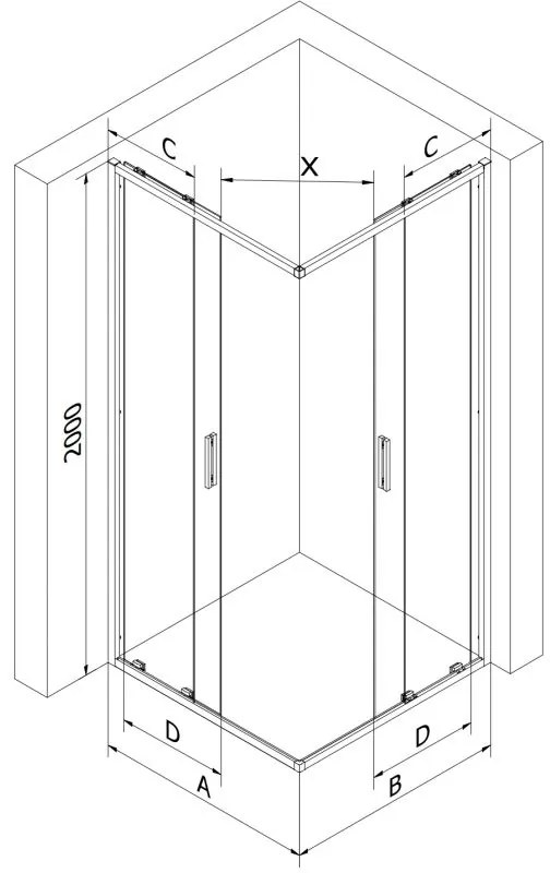 Mexen Exo, čtvercový sprchový kout s posuvnými dveřmi 100x100 cm, 6mm čiré sklo, černý profil, 8111-100-100-70-00