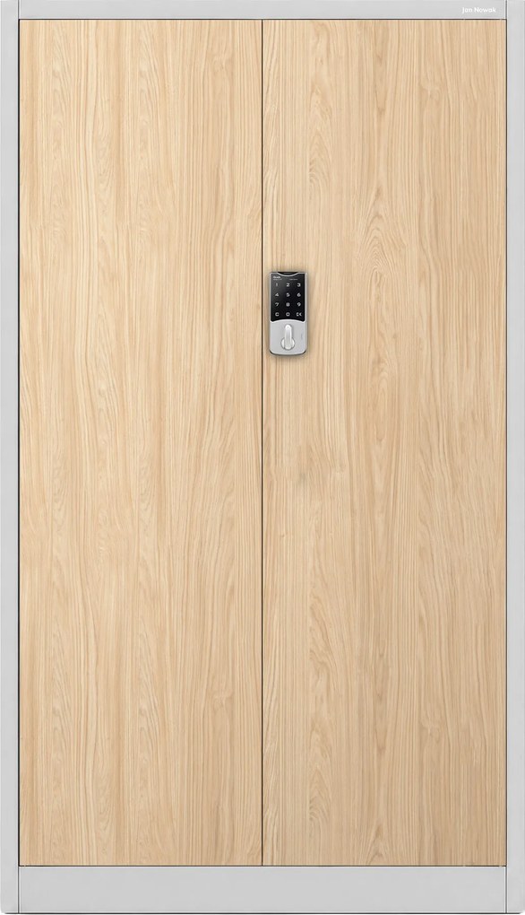 Kovová kancelářská skříň se zámkem na kód šedá, dub sonoma, 900x1850x400 mm: DANIEL Eco Design