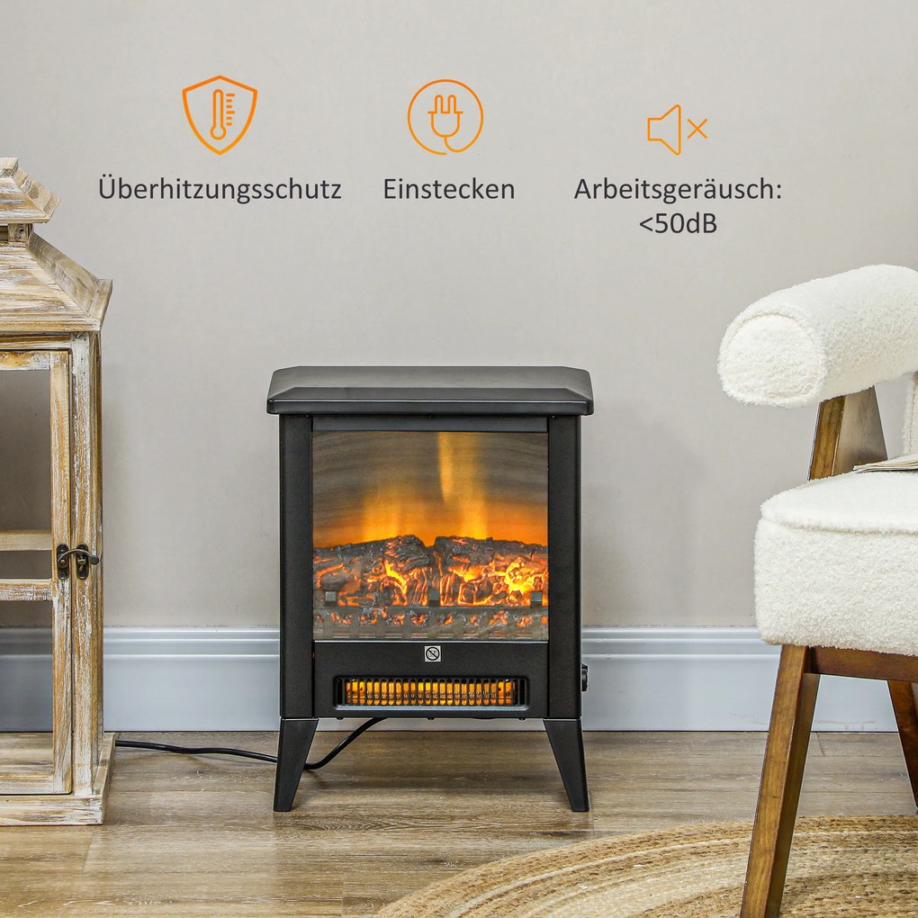 HOMCOM elektrický krb s realistickým ohnivým efektem, ochrana proti přehřátí a nízká hlučnost, 1800W, černý
