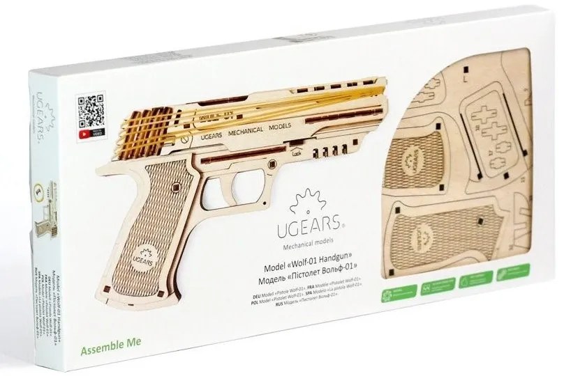 Ugears 3D dřevěné mechanické puzzle – Wolf-01 Pistol (63 dílků)