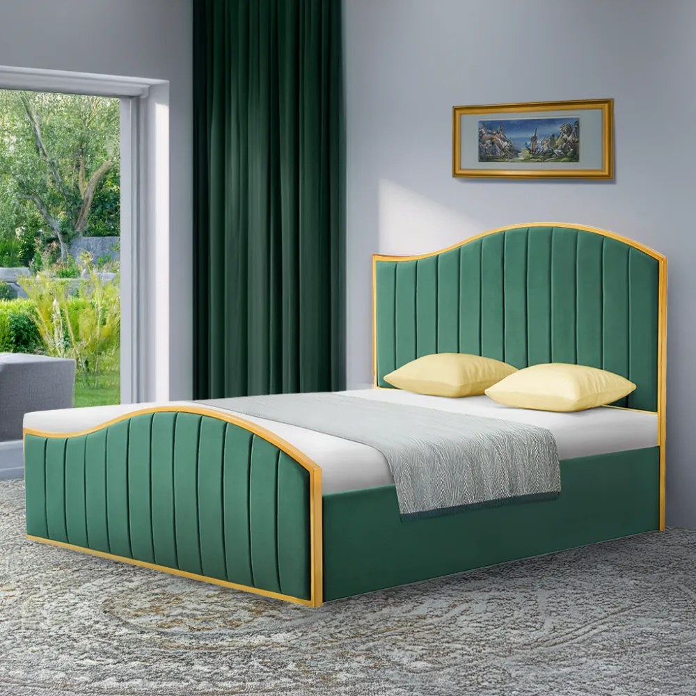 Postel s roštem, 160x200, zelená Velvet látka/gold chrom zlatá, GEORGIA