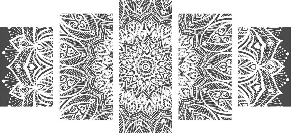 5-dílný obraz Mandala harmonie v černobílém provedení - 200x100 cm