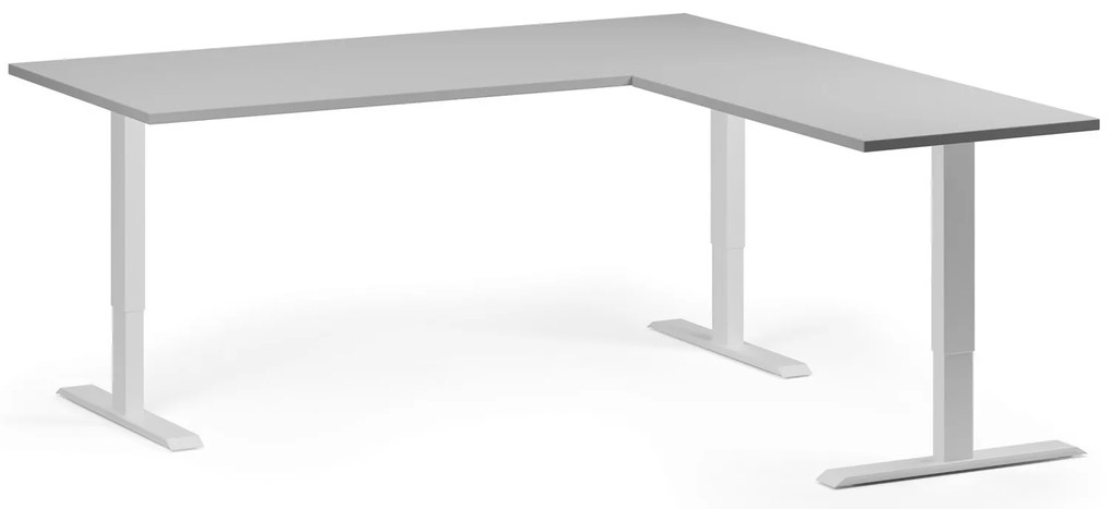 Rohový výškově nastavitelný stůl, 180x180 cm, 3 motory, L/P, bílá podnož, šedá