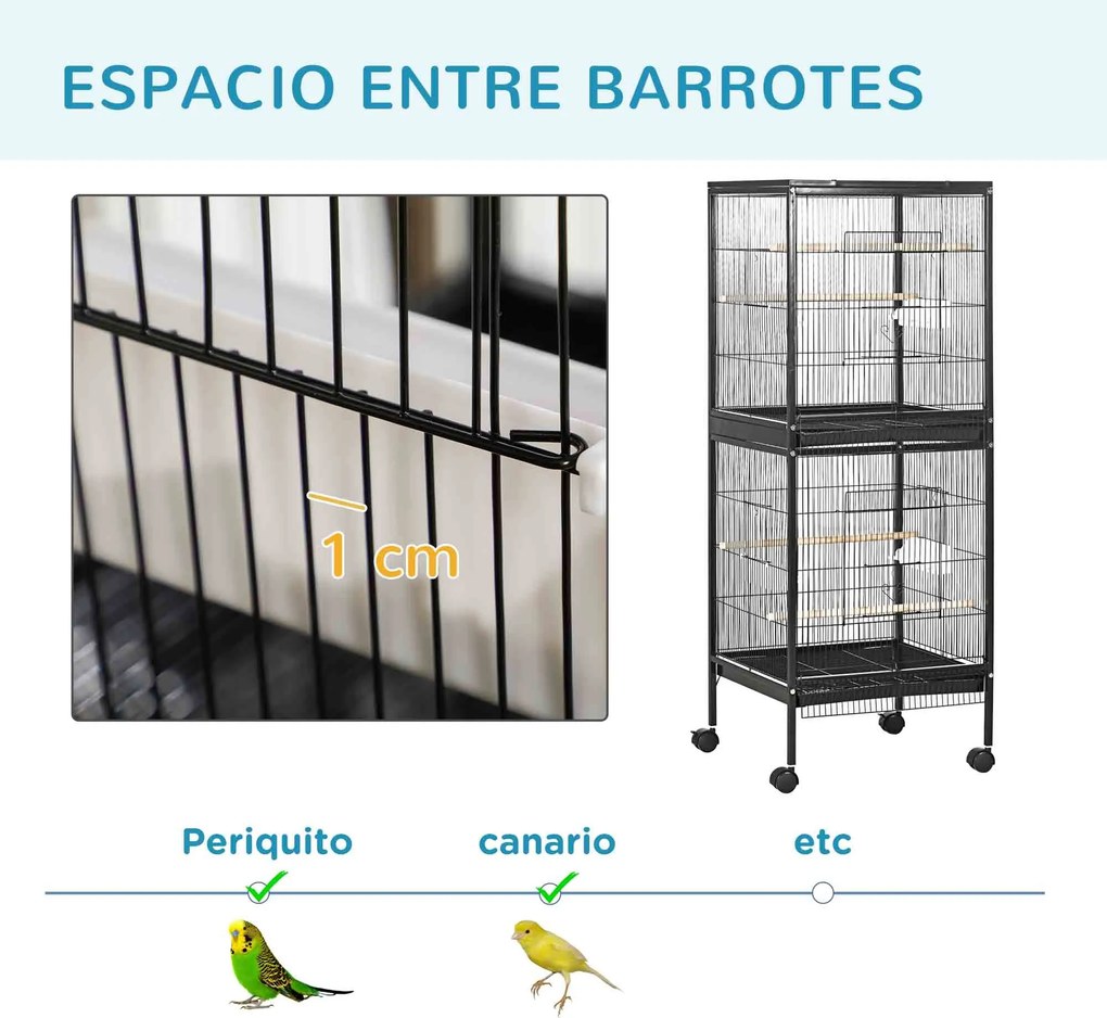 Ptačí klec PawHut na kolečkách Velká dvoupatrová voliéra s vyjímatelnými zásobníky, krmítky a bidly pro kanáry aandnbsp;and budgie 51.5x50x140 cm Čer…
