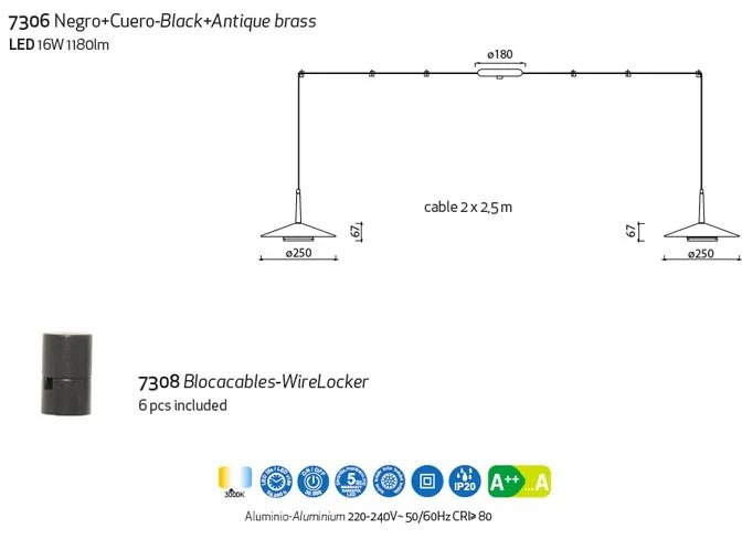 Mantra Orion, moderní černé svítidlo s mosaznými prvky LED 2 x 8W 1180lm 3000K, průměr 25cm
