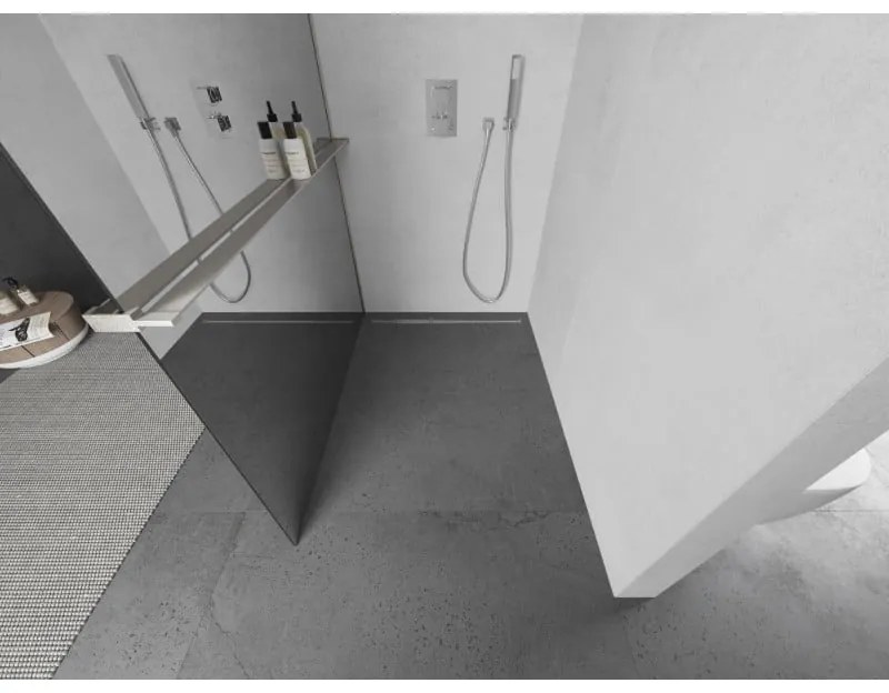 Mexen Kioto+, sprchová zástěna Walk-In s poličkou a věšákem 90 x 200 cm, 8mm sklo vzor zrcadlo, broušená ocel profil, 800-090-121-97-50