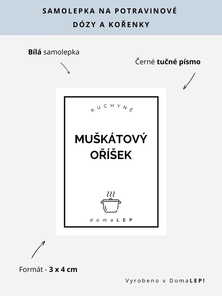 Samolepka na kořenky MUŠKÁTOVÝ OŘÍŠEK bílá 3 × 4 cm tučné písmo