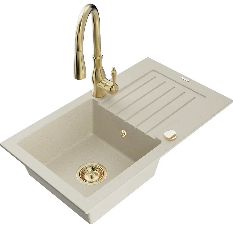 Mexen Pablo, 1-komorový granitový dřez 752x436x161 mm a dřezová baterie Savita, béžová, 6510-69-672601-50