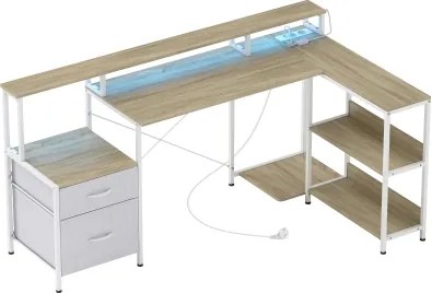 HOMCOM Rohový psací stůl se zásuvkami a RGB LED světlem, počítačový stůl, 172 x 100 cm, držák na monitor, 2 zásuvky, bílý