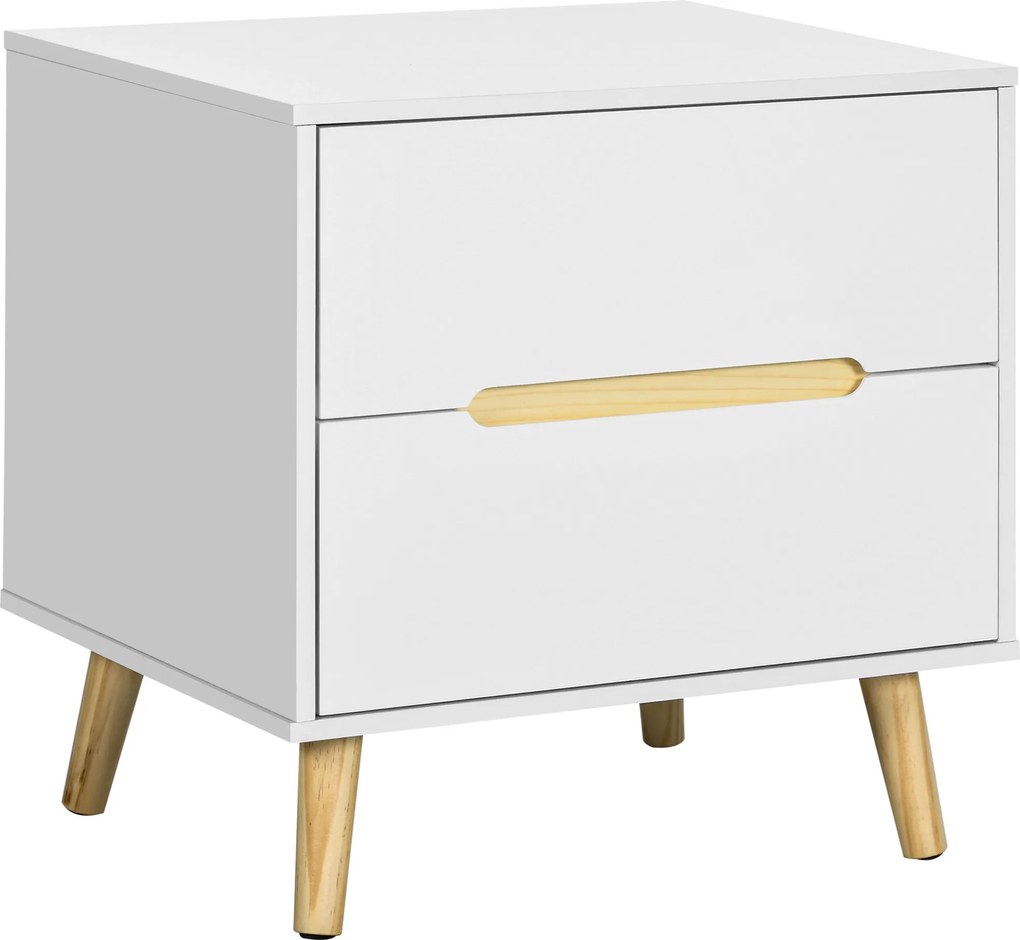 Noční stolík HOMCOM se 2 zásuvkami a dřevěnými nohami pro ložnici, obývací pokoj a kancelář, moderní styl 50x40x50,5 cm Bílý | Aosom