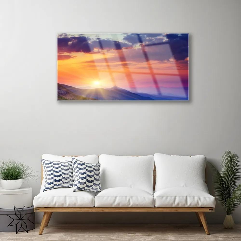 Obraz na skle Slunce Hory Krajina 140x70 cm