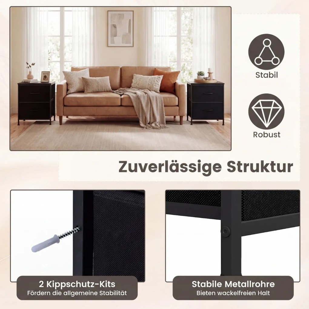 Costway Sada 2 nočních stolků s 2 látkovými zásuvkami a kovovým rámem, moderní