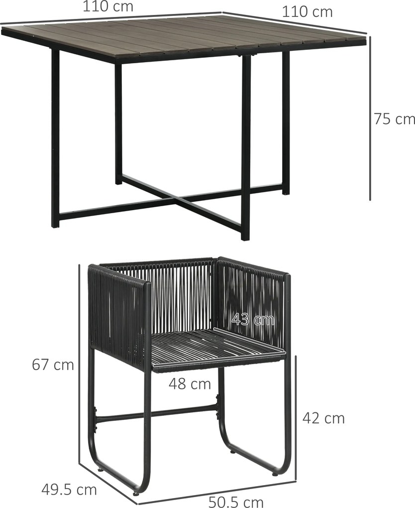 Outsunny 5dílná sada polyratanového zahradního nábytku jídelní stůl se 4 židlemi a bočním stolkem, stylový jídelní set pro balkon a zahradu |