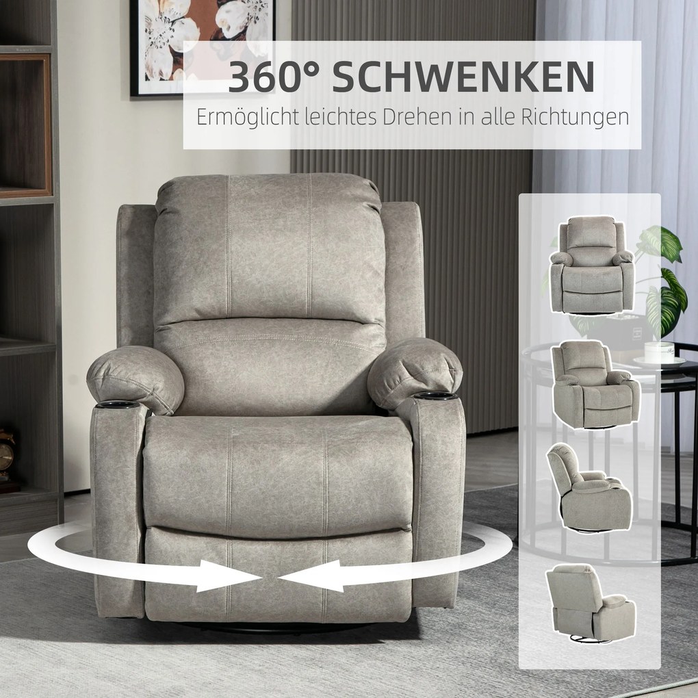 HOMCOM TV křeslo s funkcí polohování, otočné o 360°, houpací funkce, s pružinovým jádrem, podnožka, držák na nápoje, 87L x 95W x 102H cm, hnědé| Aosom