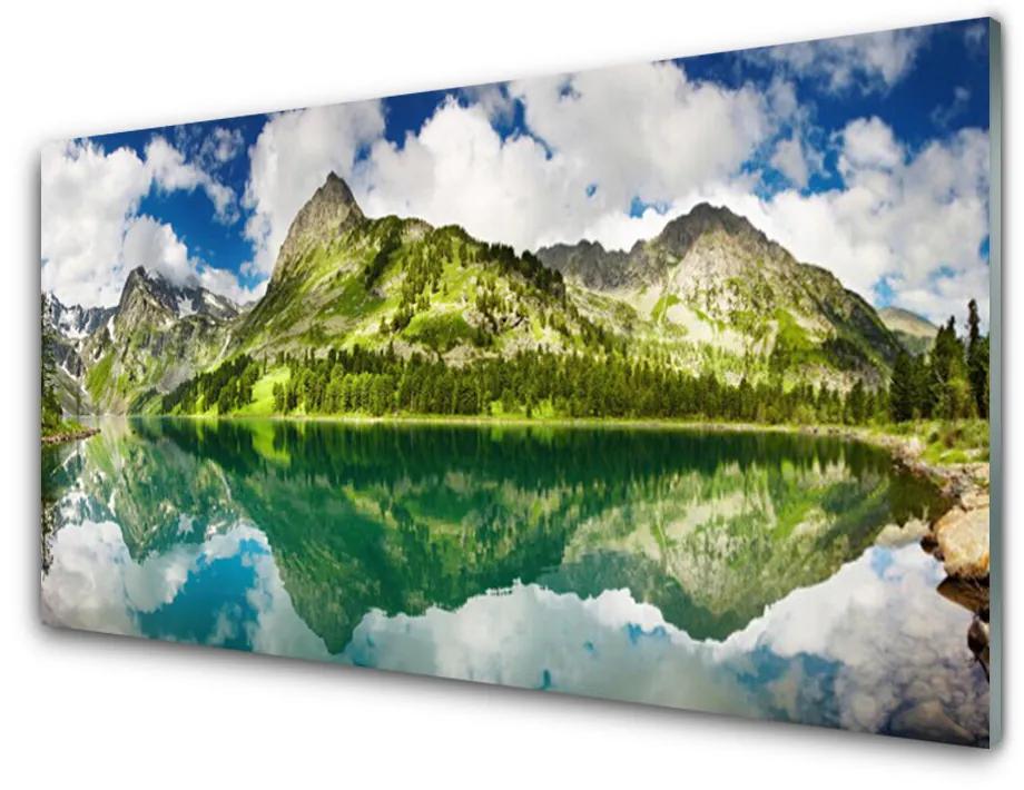 Obraz na skle Hory Jezero Krajina 125x50 cm