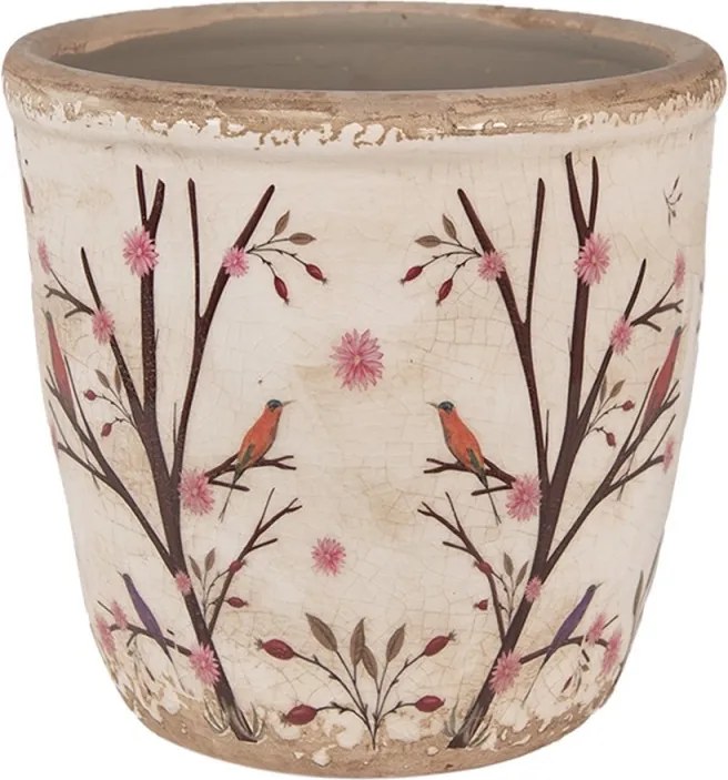 Béžový keramický obal na květináč s květy a ptáčky Birdie M - Ø 14*13 cm