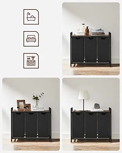 Koš na prádlo s policí BERGEN, 3x38l, černá/hnědá SongmicsHome