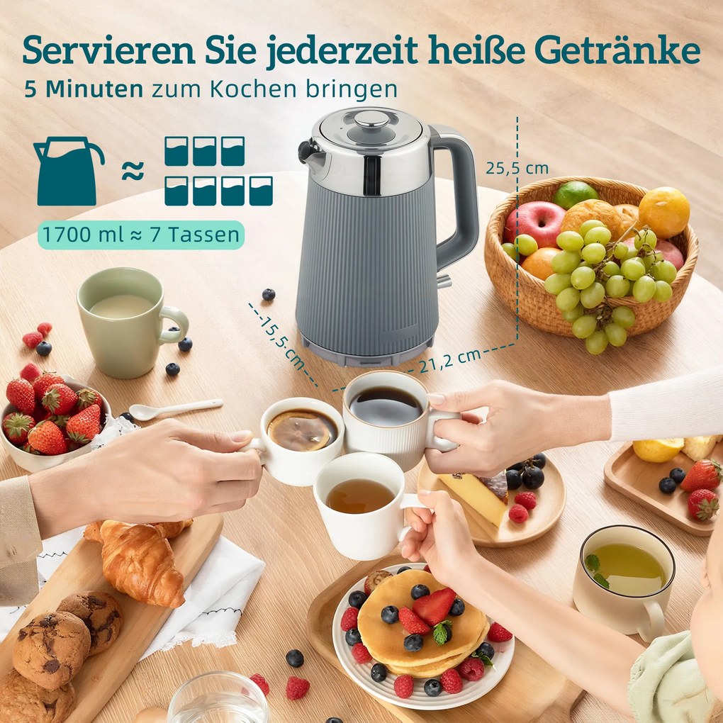HOMCOM Varná konvice 2200 W, 1,7 l s funkcí rychlého vaření, filtr proti vodnímu kameni a toustovač na 4 plátky s 7 stupni opékání, šedá
