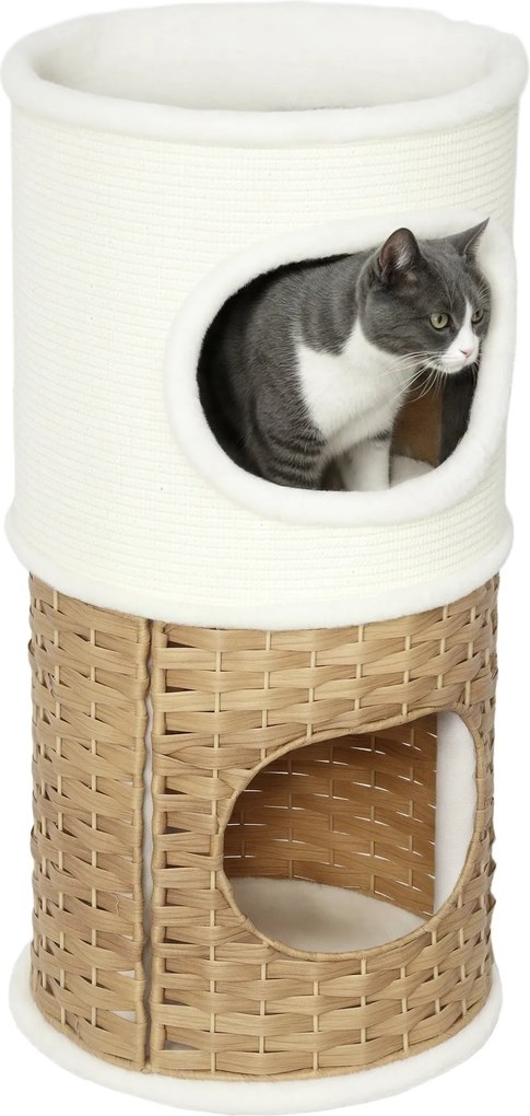 PawHut Škrabací Barevný Válec 80 cm Vysoký Ø 40 cm Třípatrový Kočičí Válec s Plyšovým Okrajem, Kočičí Doupě, Škrabací Sloupek pro Kočky Střední Veliko
