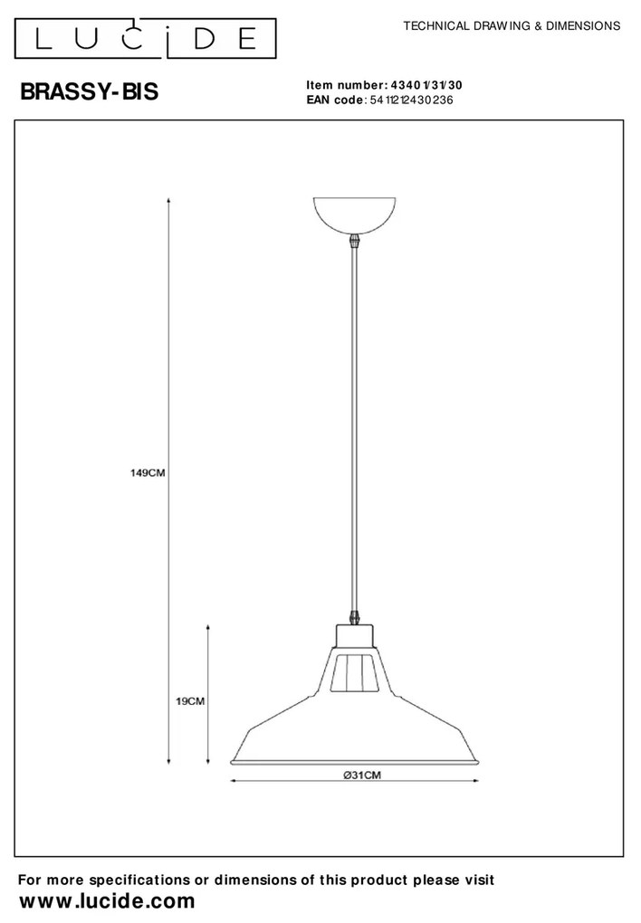 Lucide 43401/31/30 závěsné svítidlo Brassy-Bis, černé, E27, ø31cm