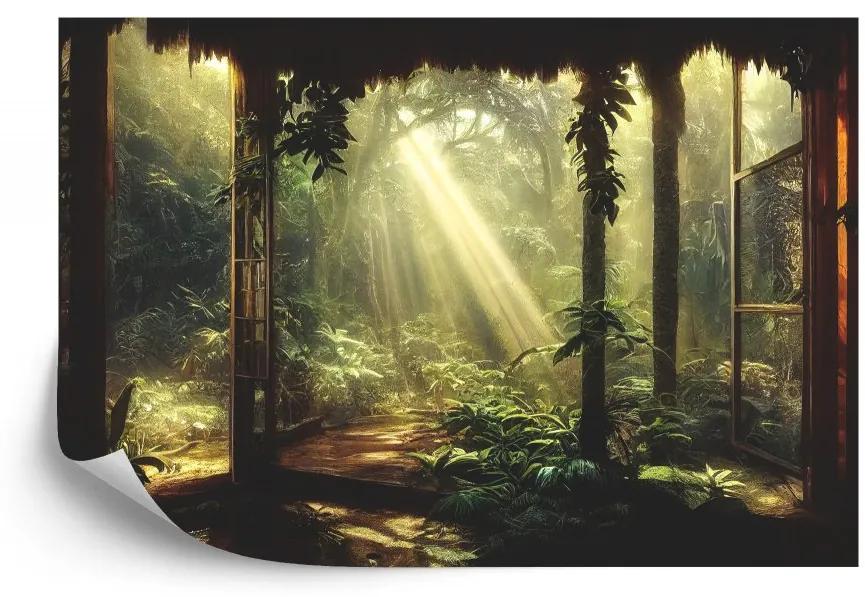 Fototapeta A Large Arch-Shaped Window, A Portal In The Dark Mystical Forest, The Sun&amp;#039;s Rays Pass Through The Window And Trees, Shadows. Fantasy Beautiful Forest Fantasy Landscape. 3D . Vliesová tapeta 450x300