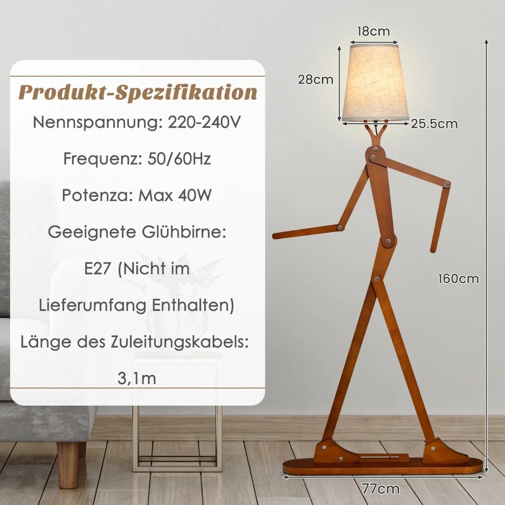 Costway 160 cm Vysoká dřevěná stojací lampa Dekorativní humanoidní rohová lampa