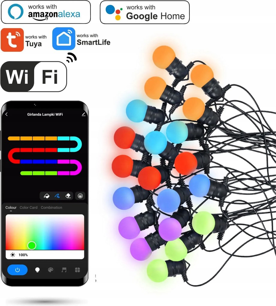 Světelná girlanda 15 m Wifi Led Rgb Tuya 20 světel
