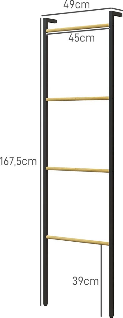 HOMCOM Žebřík na ručníky 49 x 167,5 cm Držák na ručníky se 4 tyčemi šetřící místo na ručníky oblečení deky noviny z oceli Černá | Aosom.de
