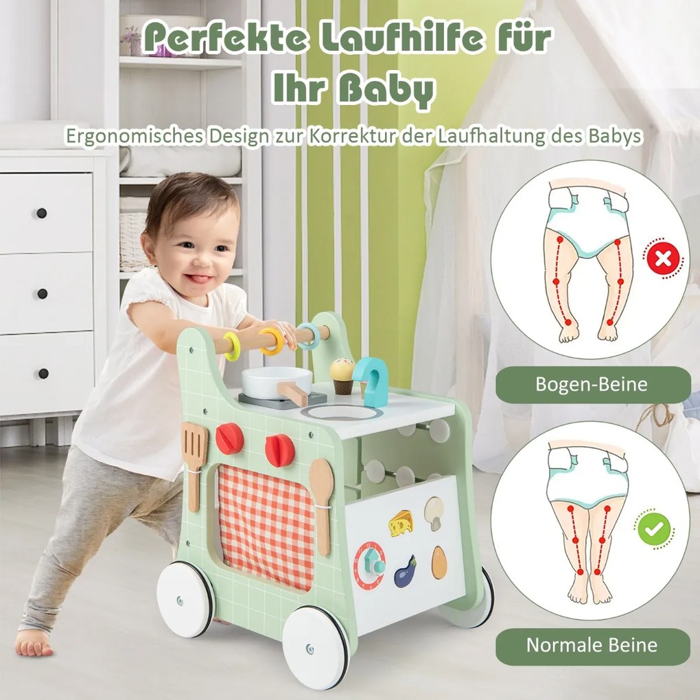 Costway Dřevěné chodítko 6 v 1 s kuchyňkou a hodinami na učení a přizpůsobením