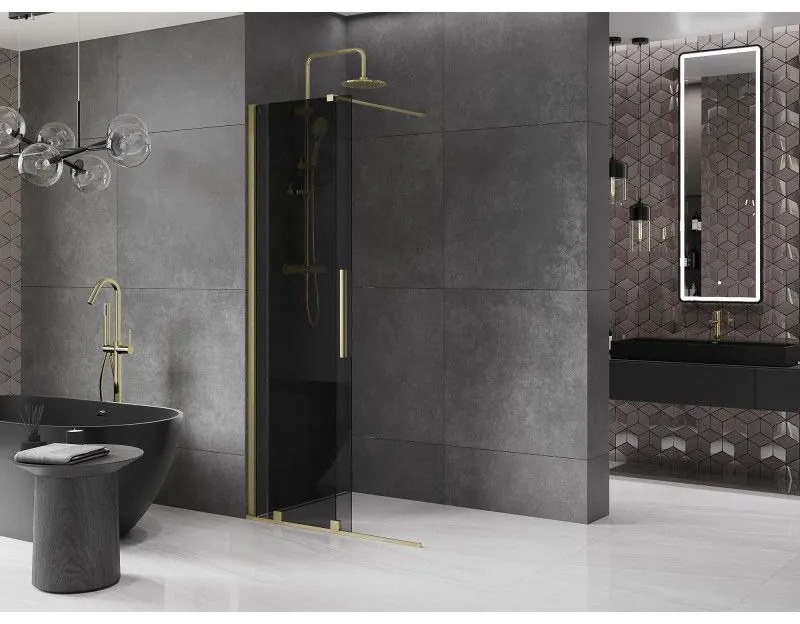 Mexen Velar, sprchová zástěna s posuvnými dveřmi Walk-in 90 x 200 cm, 8mm šedé sklo, zlatá matná, 871-090-000-43-55