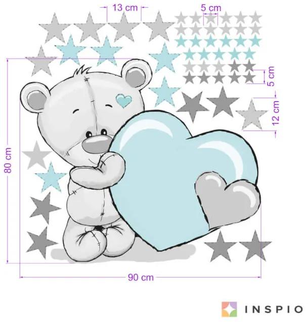 INSPIO Samolepka na zeď - Plyšový medvídek v mentolové barvě s hvězdami a jménem