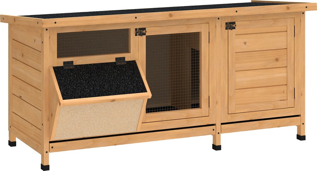 Klec pro malé zvířata PawHut s podnosem a asfaltovou střechou, venkovní i vnitřní, z jedlového dřeva, Přirodní+Černá 112 x 50 x 54 cm