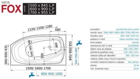 Santech FOX 170 x 95,5 cm SAFOX170P vana akrylátová pravá