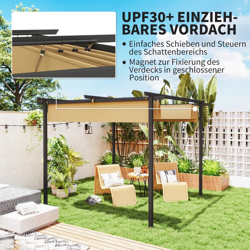 zahradní pergola 3 x 3 m s nastavitelnou střechou, kovový rám, ochrana UPF30+, sluneční stříška na verandu, terasu, béžová barva