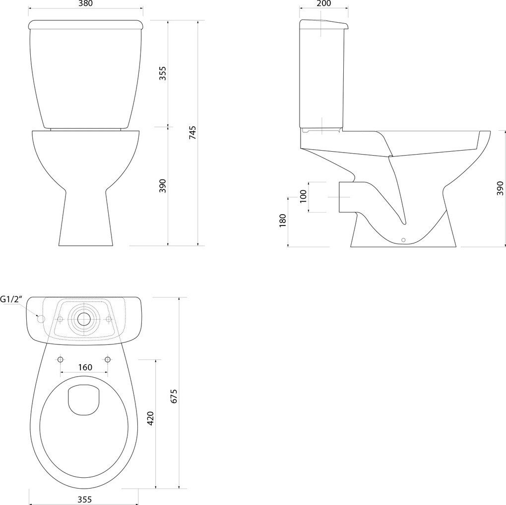 Aqualine Aqualine, JOSE WC kombi, dvoutlačítko 3/6l, zadní odpad, bílá, PS8812