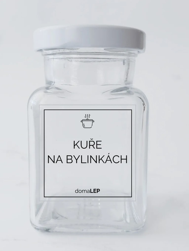 Samolepka na kořenky KUŘE NA BYLINKÁCH průhledná 5 × 5 cm základní písmo