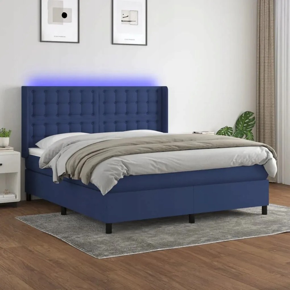 Box Spring Postel S Matrací A Led Textil Modrá tlačítka 180 x 200 cm