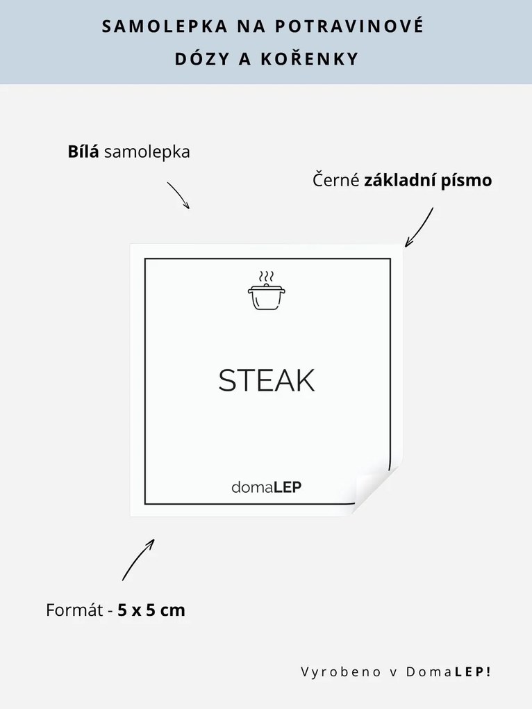 Samolepka na kořenky STEAK bílá 5 × 5 cm základní písmo