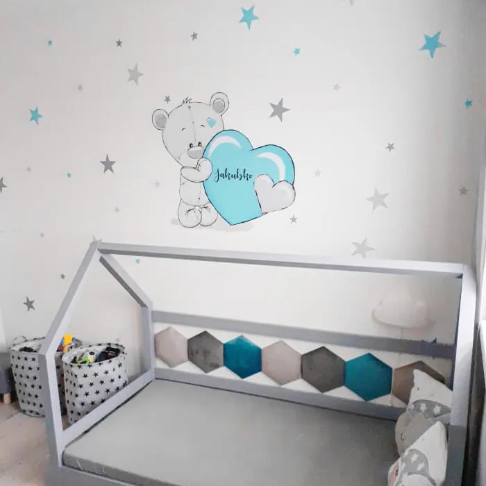 INSPIO Dětské samolepky na zeď - Modrý medvídek s hvězdami a jménem
