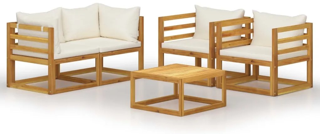 vidaXL 3057640 Marketos 5 Piece Garden Lounge Set with Cushion Cream Solid Acacia Wood (311853+311866+2x311868)