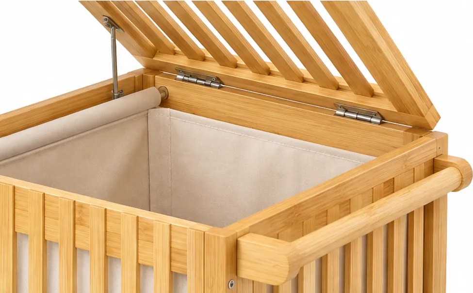 koš na prádlo, 2x80 l, kolečka, bambus/látka, 71x43x43 cm, přírodní/krémová, Dekorino KP20260008