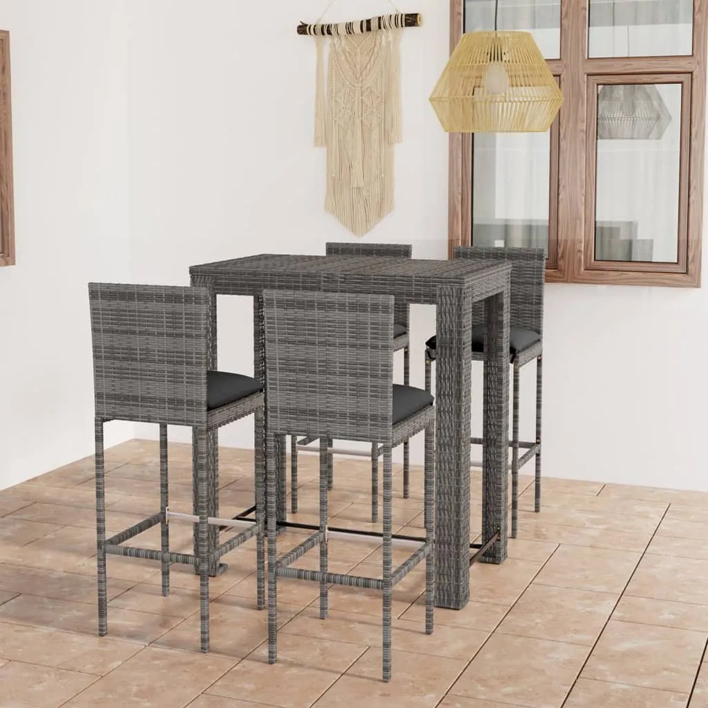 5dílný venkovní barový set s poduškami polyratan šedý 3064797
