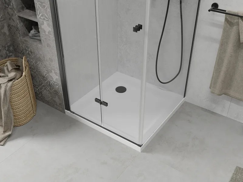 Mexen Lima, sprchový kout se skládacími dveřmi 80 (dveře) x 80 (stěna) cm, 6mm čiré sklo, černý profil + slim sprchová vanička bílá s černým sifonem, 856-080-080-70-00-4010B