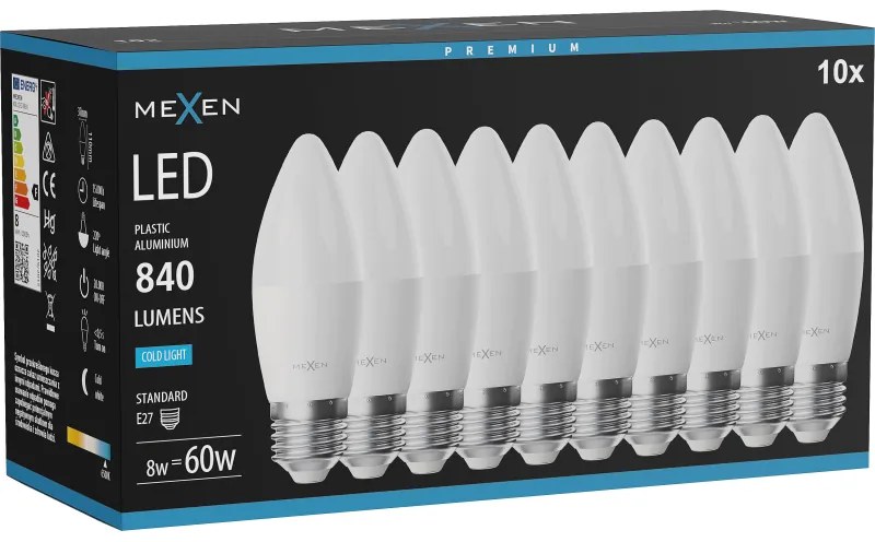 Mexen Nova 10x LED žárovka E27, C37, 8W, Studená - 6500K, 840 lm - L102-E27-0865-01x10