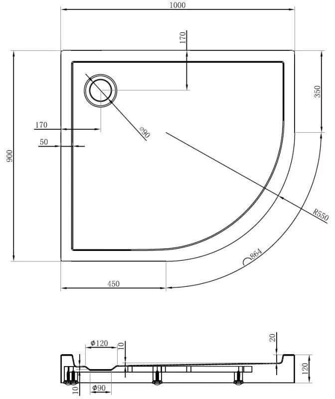 Mexen Flow+, čtvrtkruhová asymetrická sprchová vanička, levá, 100 x 90 cm, bílá lesklá, 46Q109010LH