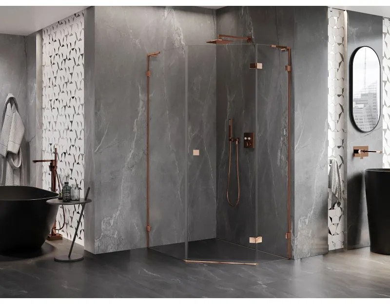 Mexen Lunar, L pětiúhelníkový sprchový kout s pravým sklonem 80 x 100 cm, 8mm čiré sklo, profil růžové zlato, 831L-080P-100L-60-00-P